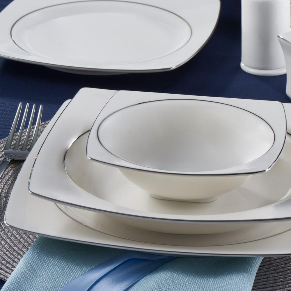 Güral Porselen Caroline 62 Parça Kare Platin Bone Yemek Takımı.