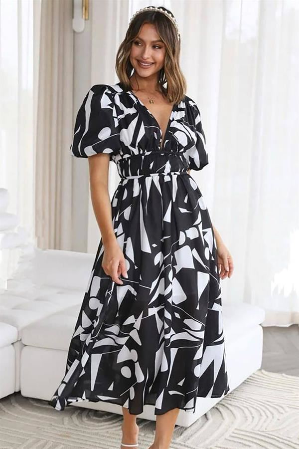 DEAFOX Black and White Digital Printed Linen Fabric Lined Waist ...