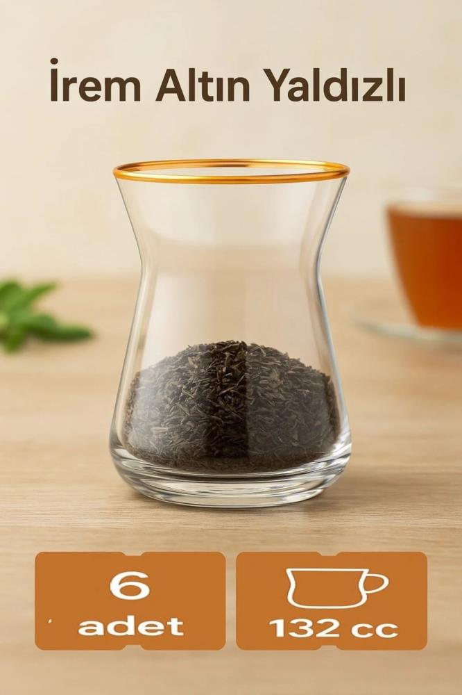 Aybaba İrem Tea Glass Shiny Gold Gilded 6 Pieces.