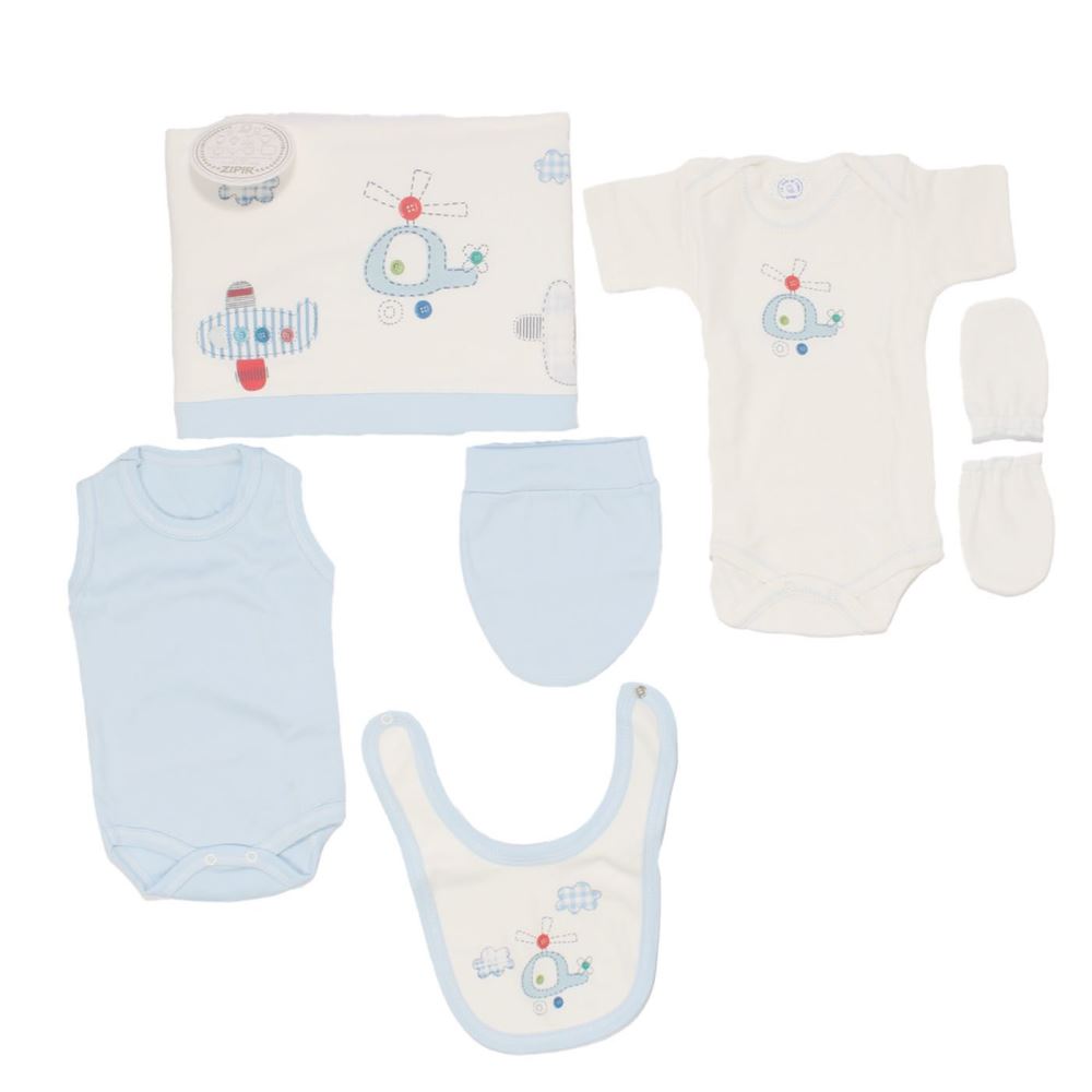 Baby Boy White Blue Helicopter Patterned 10 Piece Hospital Discharge Set.