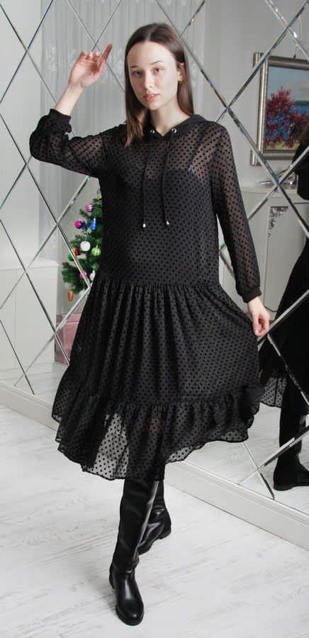 Moda Verona Şifon Şapkalı Puantiyeli Kemerli Elbise Siyah