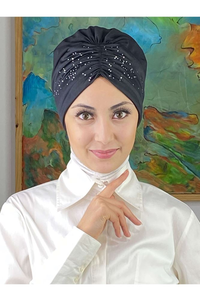 Sultan Model Taşlı Siyah Büzgülü Bone.