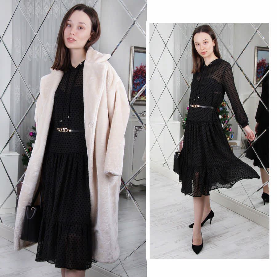 Moda Verona Şifon Şapkalı Puantiyeli Kemerli Elbise Siyah