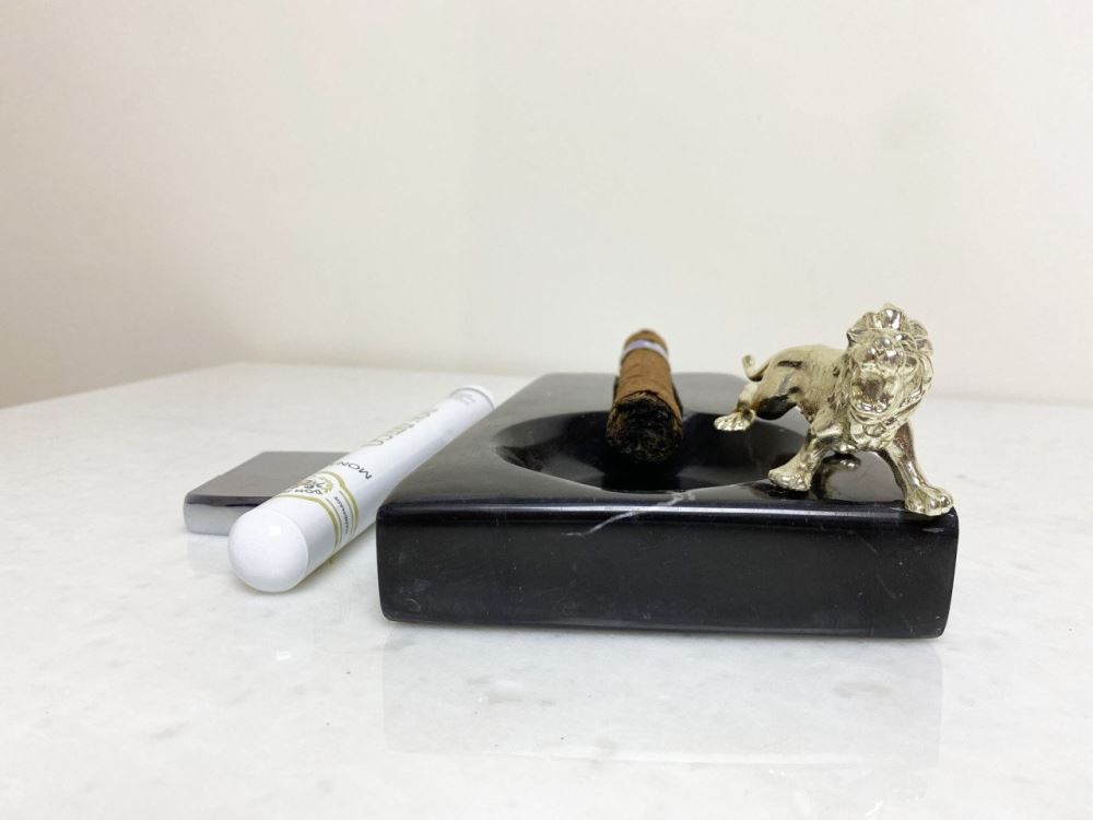 Modest Concept Cigar Ashtray Black Marble Brass Lion Object.