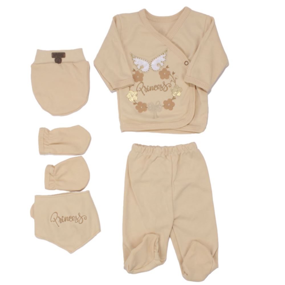 Baby Girl Beige Princess Written Wing Flower Patterned Organic 5 Piece ...