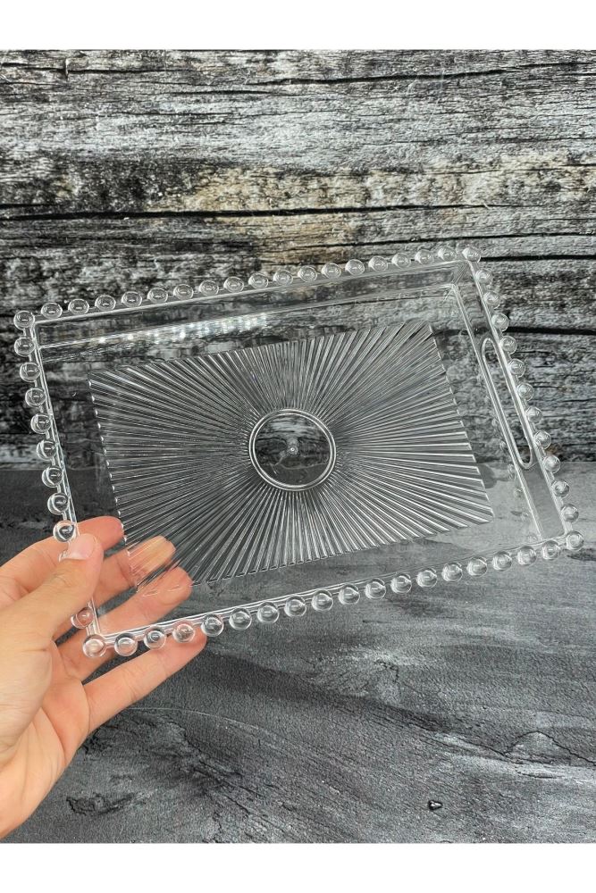 Single Plexiglass Plastic Rectangular Beaded Handled Presentation Serving Tray.