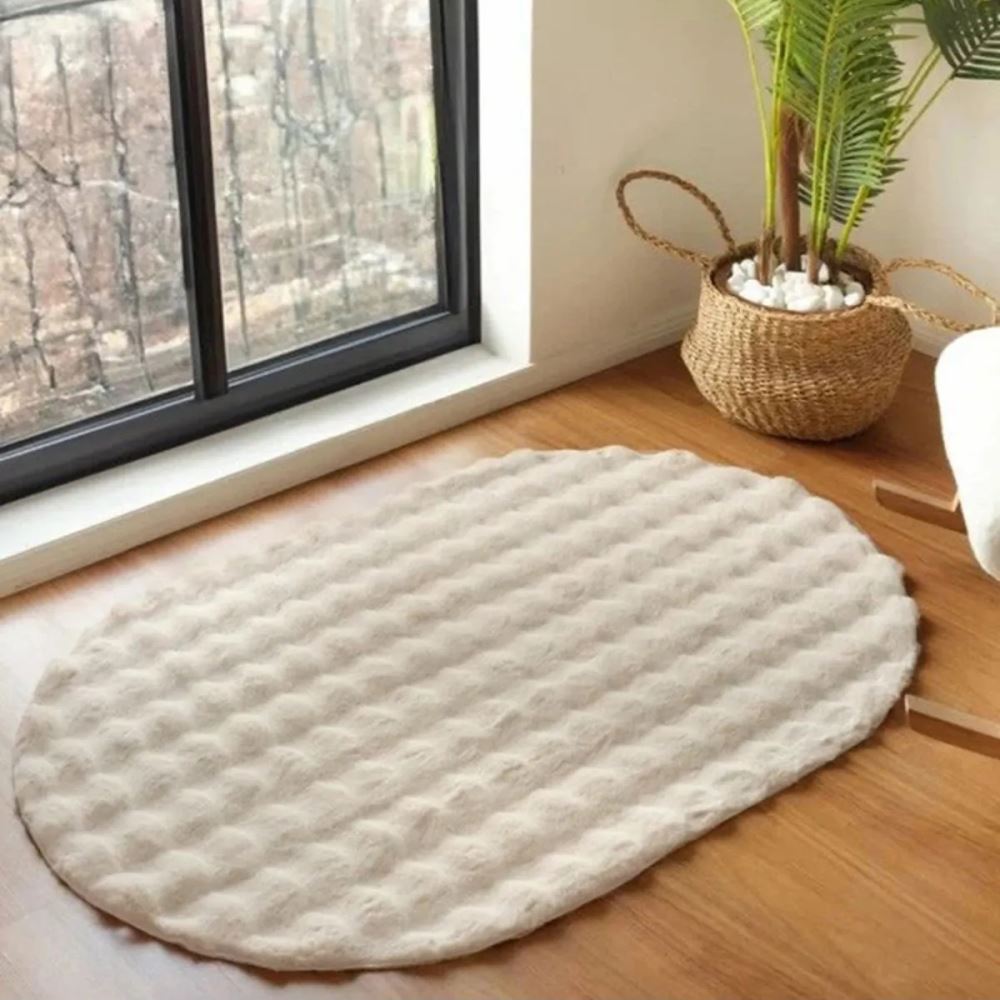 Soft Premium Bubble Rabbit Pelt Plush Carpet Runner - Oval - Cream.
