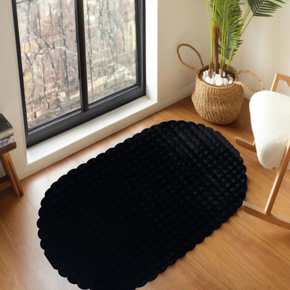 Soft Premium Bubble Rabbit Pelt Plush Carpet Runner - Oval - Black.