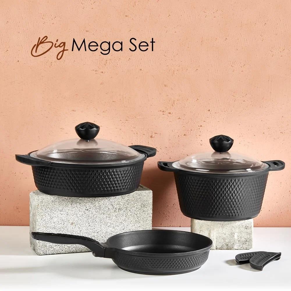 Amboss Big Mega 6 Piece Cast Iron Cookware Set with Glass Lid.