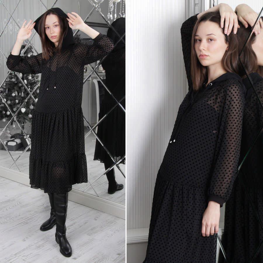 Moda Verona Şifon Şapkalı Puantiyeli Kemerli Elbise Siyah