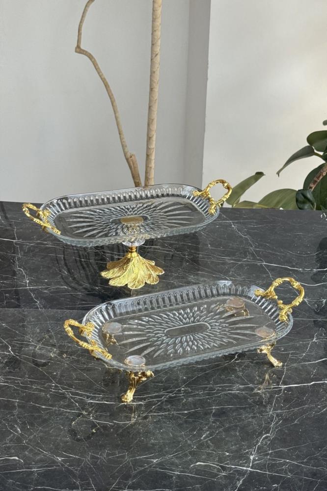May Home Lüx 2'li Gold Ayaklı Vetro Cam Sunumluk Tepsi.
