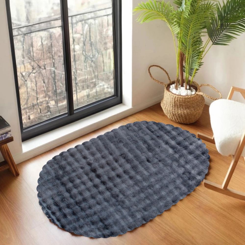 Soft Premium Bubble Rabbit Pelt Plush Carpet Runner - Oval - Anthracite.