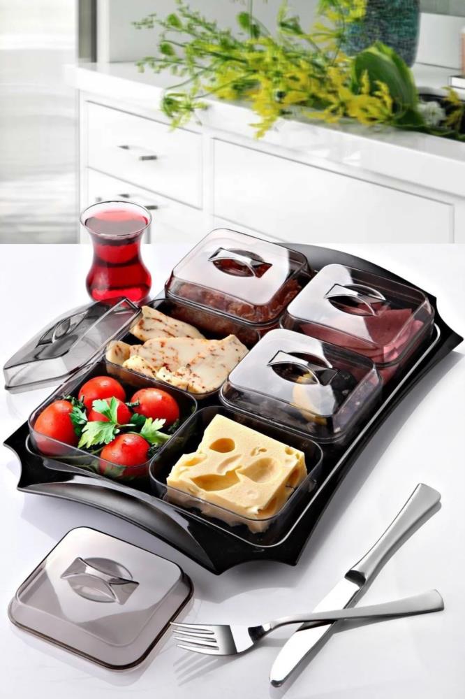 Kitchen Life 6 Piece Large Tray Square Compartment Covered Breakfast Set.