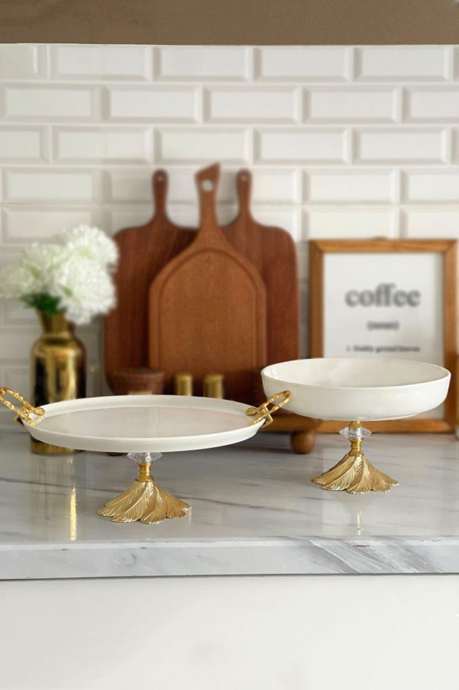 May Home 2'li Porselen Kand Ayaklı Kulplu Sofra Sunum Tepsi Tabak Seti.