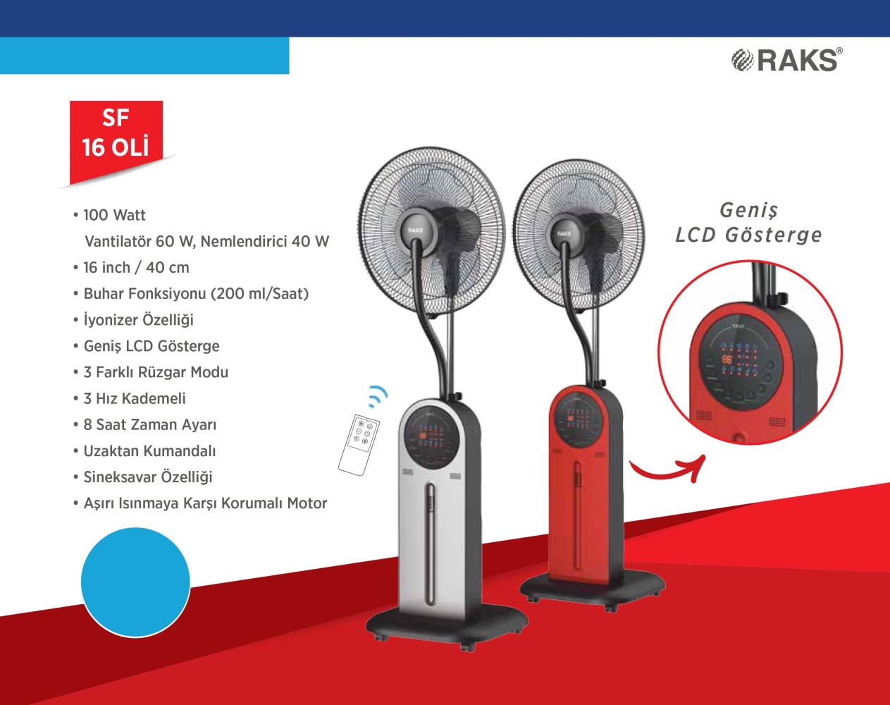 Raks SF-16 Olimpos Soğuk Buharlı İyonizerli Uzaktan Kumandalı 100 Watt Vantilatör.