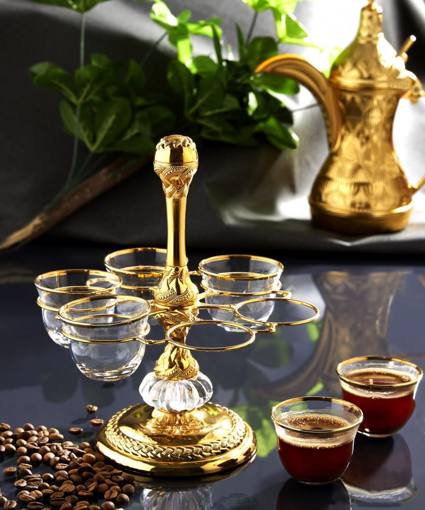 Gold Color Mirra Glass Zamzam Set 7 Piece Cup Serving Set.