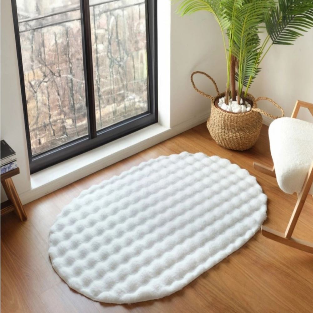 Soft Premium Bubble Rabbit Pelt Plush Carpet Runner - Oval - White.