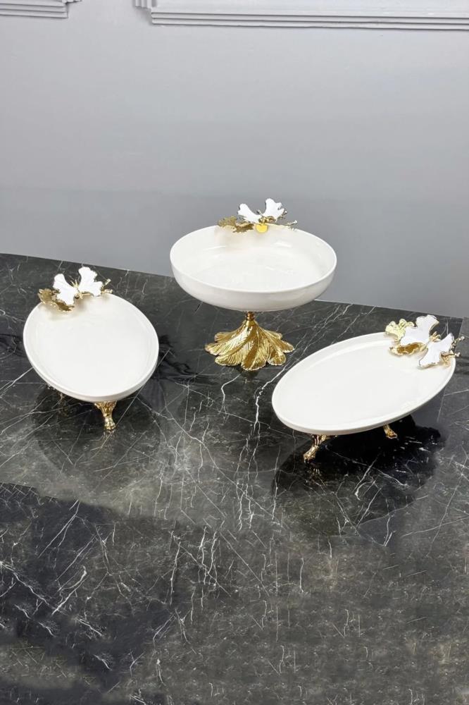 MAY HOME White Butterfly 3 Parça Porselen Sunum Servis Seti & Kand Ayak ...