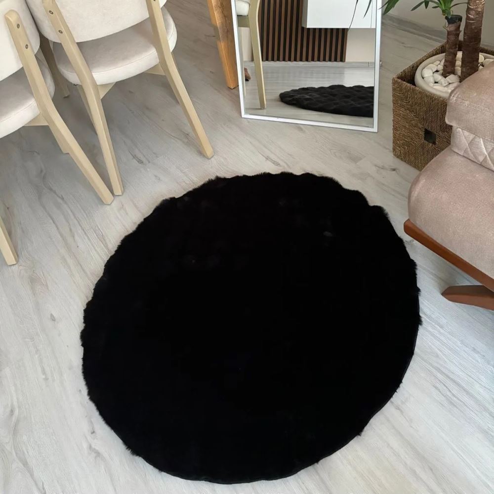 Soft Premium Bubble Rabbit Pelt Plush Carpet Runner - Round - Black.