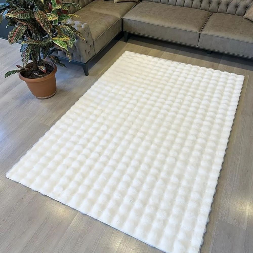 Soft Premium Bubble Rabbit Pelt Plush Carpet Runner - Plain - Cream.