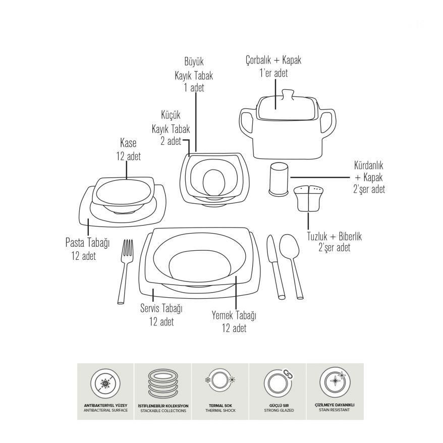 Güral Porselen 61 Parça Kare Caroline Bone Yemek Takımı 8305507.