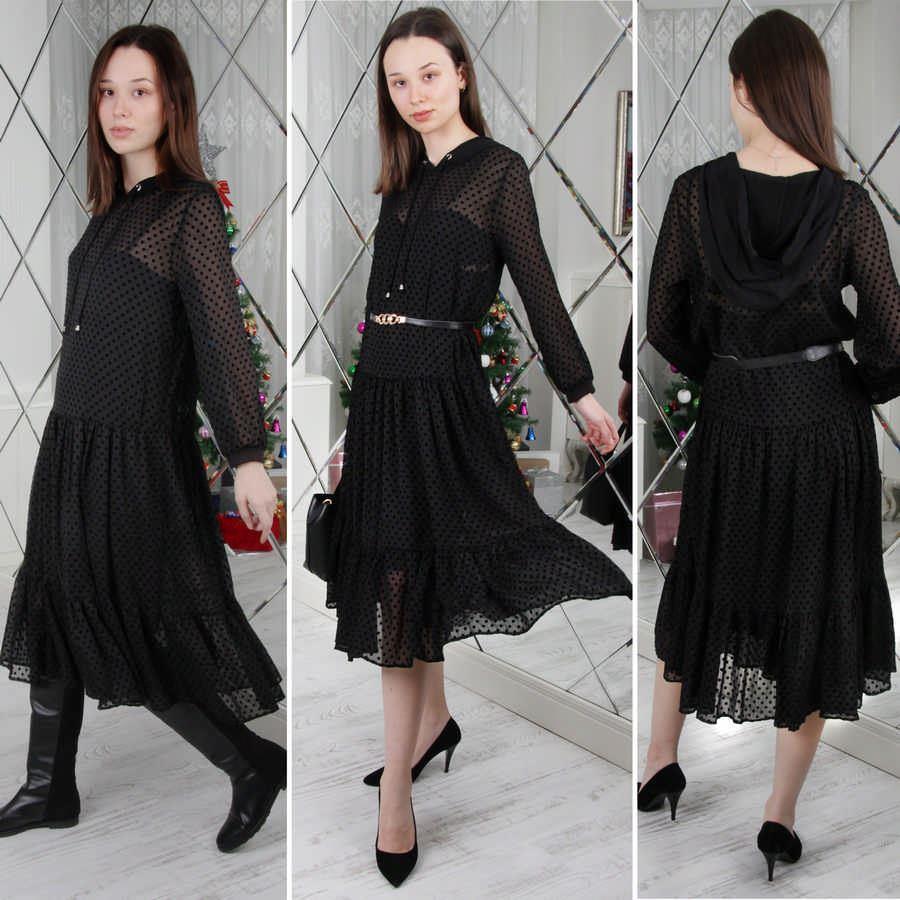 Moda Verona Şifon Şapkalı Puantiyeli Kemerli Elbise Siyah