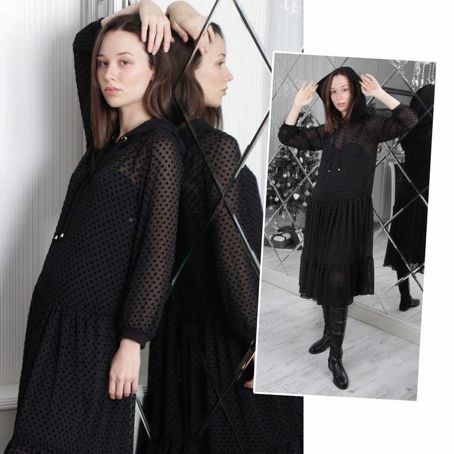 Moda Verona Şifon Şapkalı Puantiyeli Kemerli Elbise Siyah