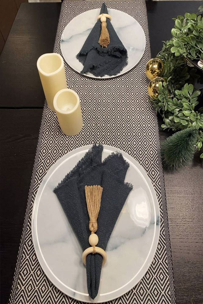 6 Adet Ahşap Halkalı Boncuk Detaylı Püsküllü Peçete Yüzüğü.