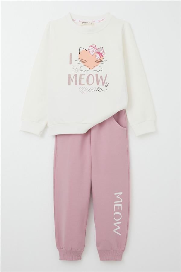 Breeze Girls Tracksuit Cute Bow Cat Printed Ecru 15-5 Years.