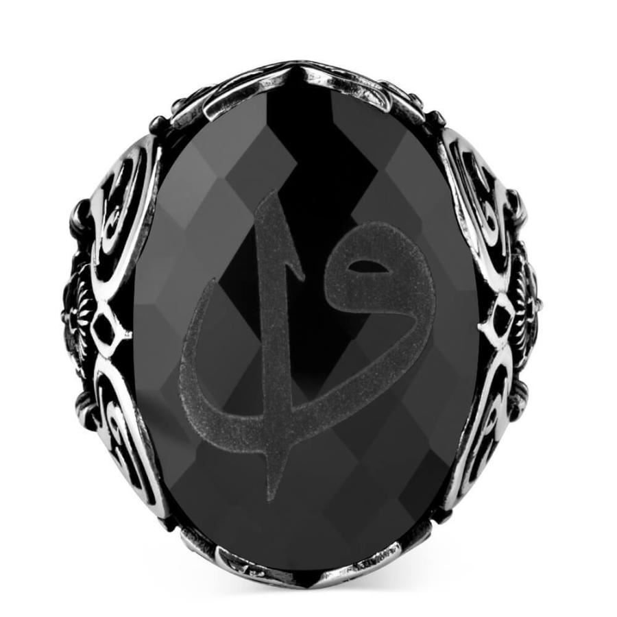 Osmanlı Arma Motifli Elif-Vavlı Siyah Taşlı Erkek Yüzük.