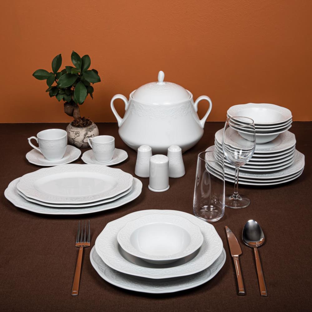 Gural Porcelain 83 Pieces White Ottoman Porcelain Dinnerware Set.