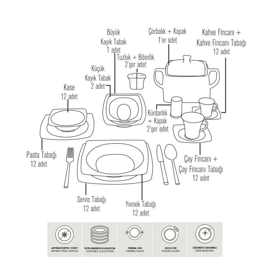 Güral Porselen 85 Parça Kare Caroline Bone Yemek Takımı 5450.
