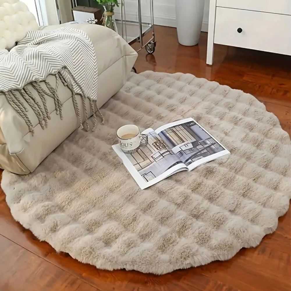 Soft Premium Bubble Rabbit Pelt Plush Carpet Runner - Round - Stone.