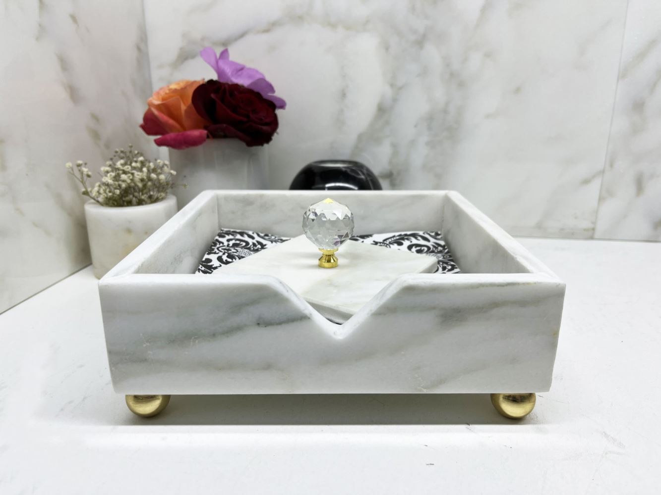 Modest Concept Natural Marble Napkin Holder with Crystal Object.