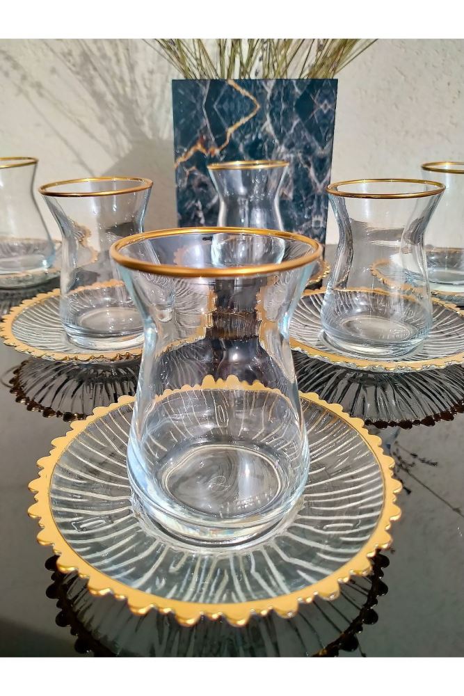 Pasabahce Luxury Gold Tea Set - 12 Piece Glass Tea Set Gift - Dowry.