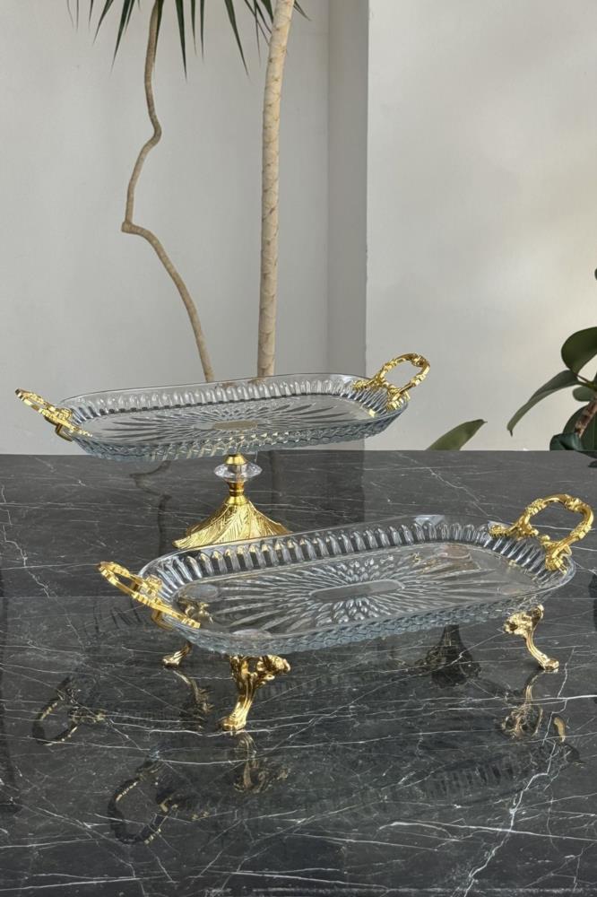 May Home Lüx 2'li Gold Ayaklı Vetro Cam Sunumluk Tepsi.