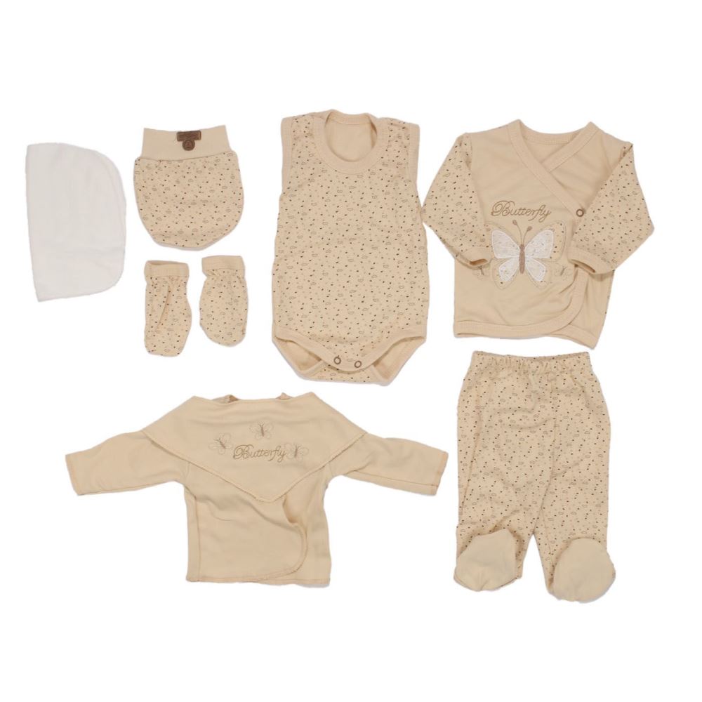 Baby Girl Beige Butterfly Patterned Organic 8 Piece Hospital Discharge Set.