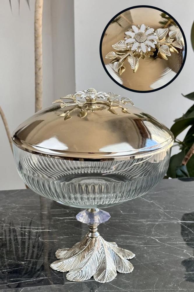 MAY HOME Metal Kapaklı Kand Ayaklı Sunumluk Sofra Kasesi (Papatya).