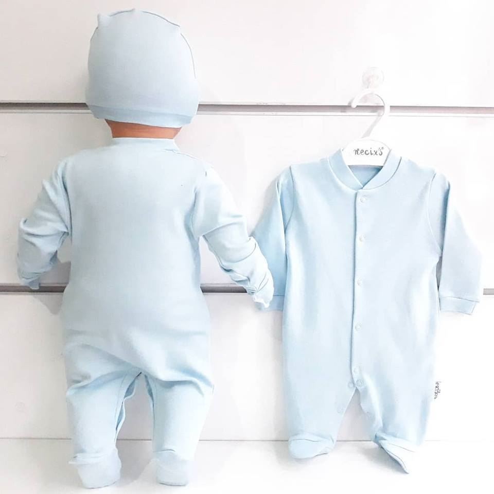 Sade Mavi Bereli Eldivenli Bebek Tulum.