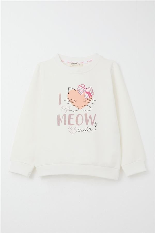 Breeze Girls Tracksuit Cute Bow Cat Printed Ecru 15-5 Years.