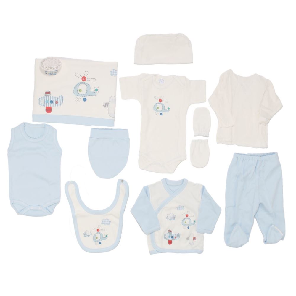 Baby Boy White Blue Helicopter Patterned 10 Piece Hospital Discharge Set.