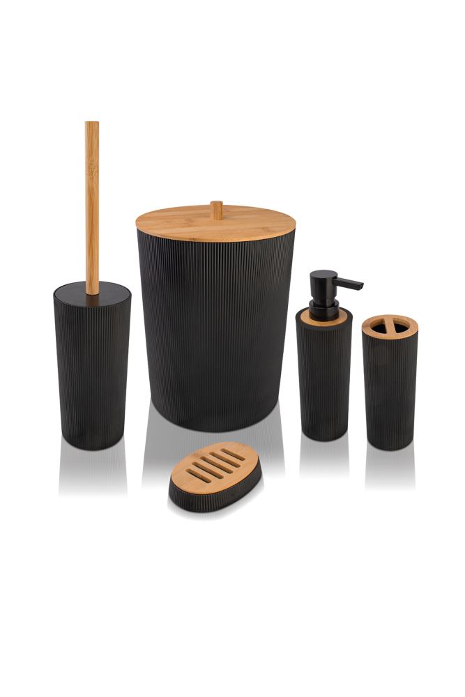 Liza Akrilik Bambu Kapaklı 5’li Banyo Seti - Siyah.