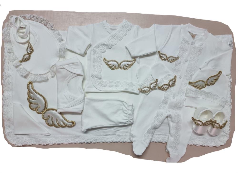Marzen Melek Bebek 10 Parça Tulum Set- Beyaz-Gold-Beyaz.