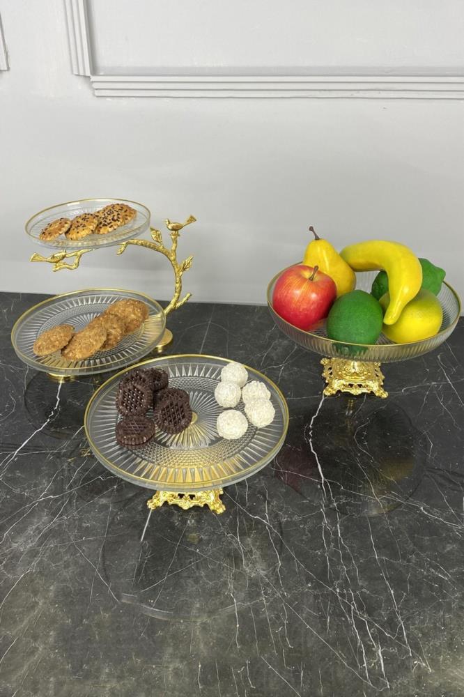 May Home 3'lü Özel Ayaklı Cam Sunumluk Servislik Seti.