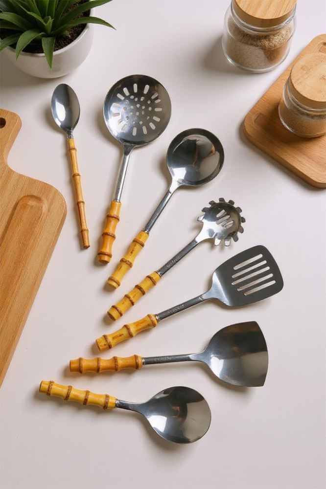 Bambum Mundo 7 Piece Bamboo Handle Steel Kitchen Utensil Set Dowry Set ...