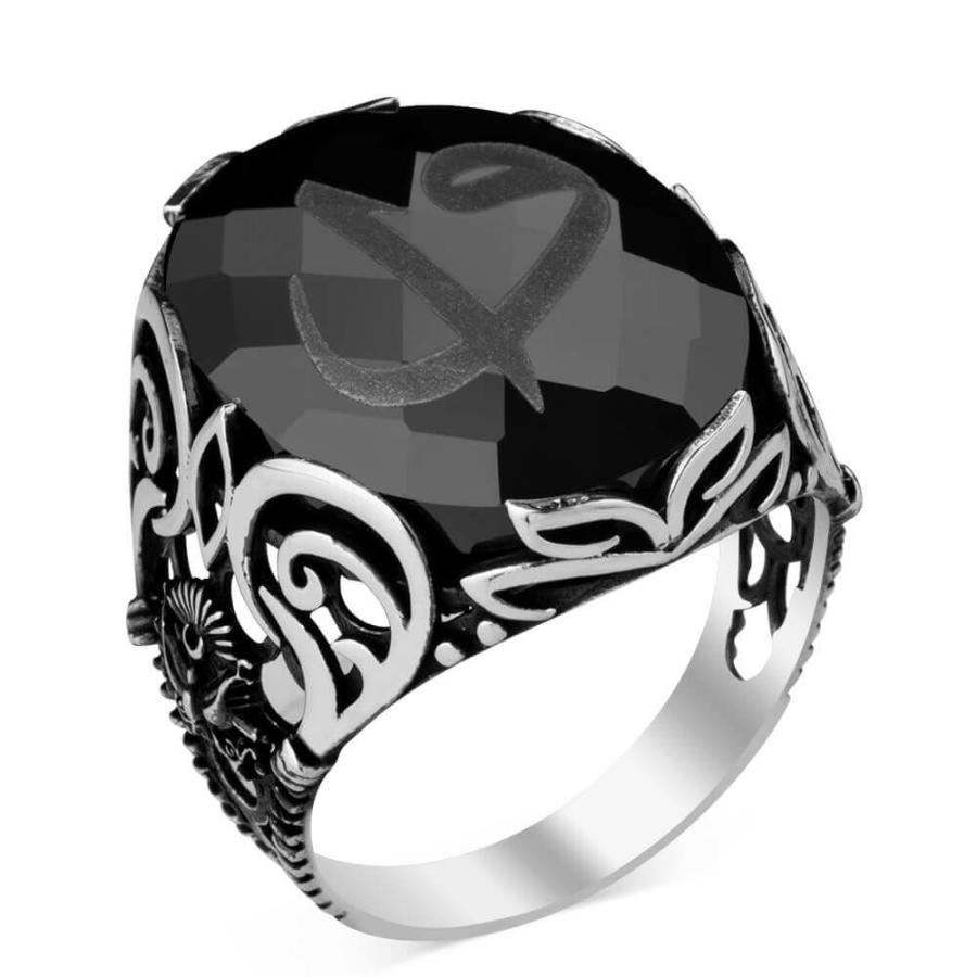 Osmanlı Arma Motifli Elif-Vavlı Siyah Taşlı Erkek Yüzük.