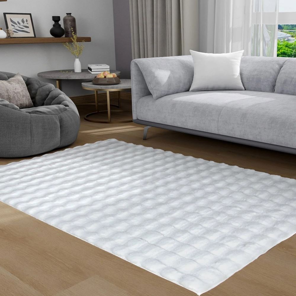 Soft Premium Bubble Rabbit Pelt Plush Carpet Runner - Plain - White.