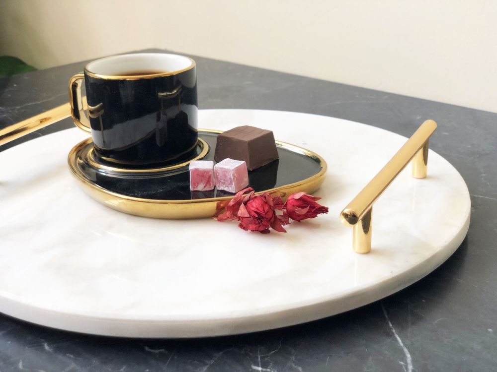 Modest Concept Calacatta Mermer Yuvarlak Tepsi Gold Slim.