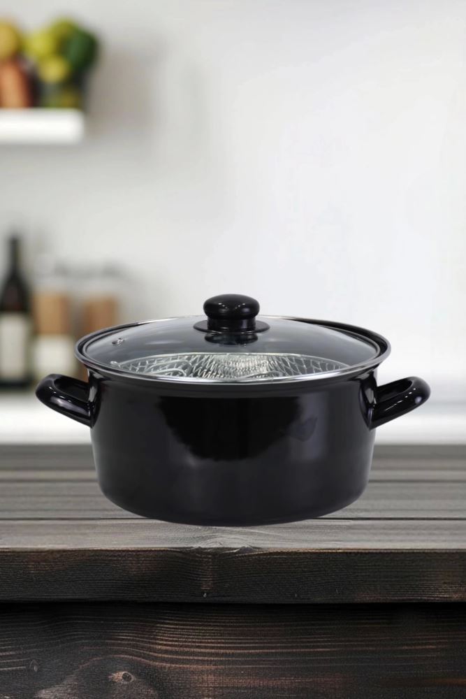 PR Home Emaye Cam Kapaklı Kızartma Tenceresi 22 cm Siyah.