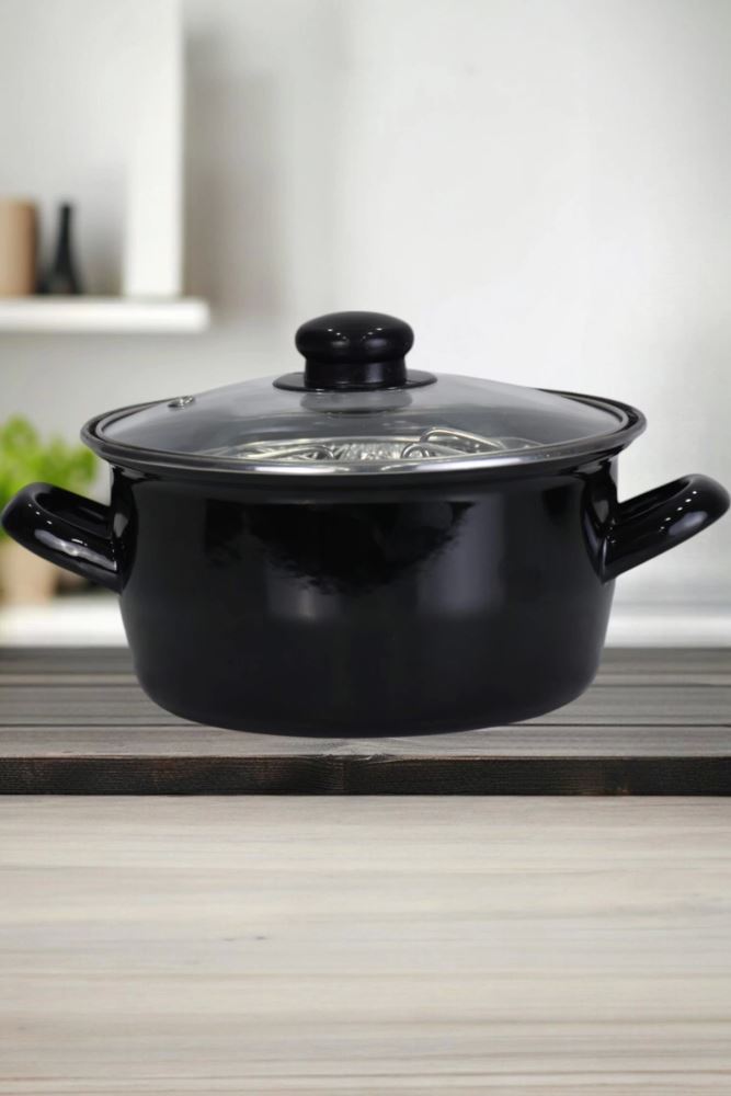 PR Home Emaye Cam Kapaklı Kızartma Tenceresi 20 cm Siyah.